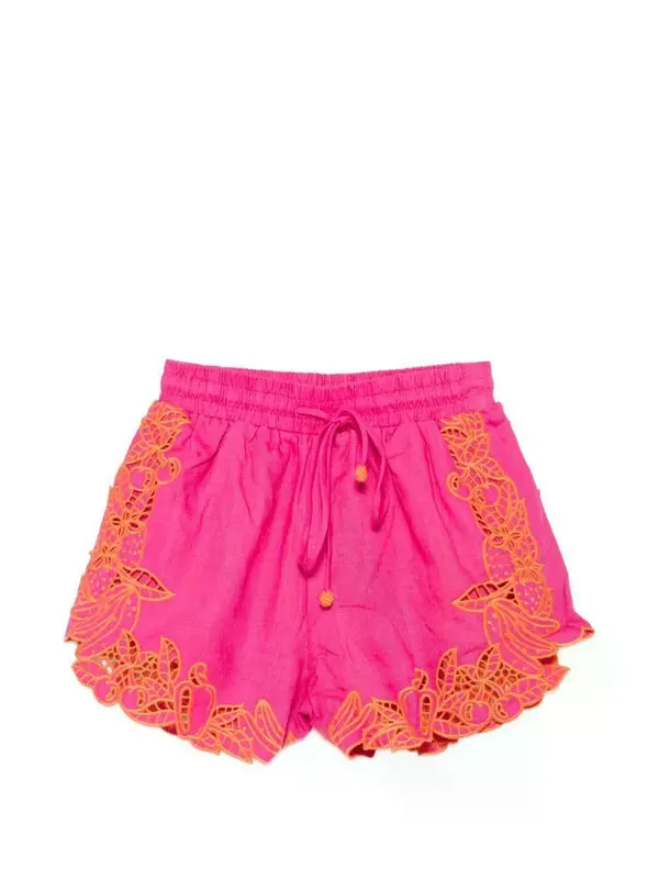 Farm Rio Embroidered Fruit Motif Scalloped Hem Shorts - Pink