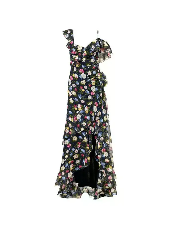 Carolina Herrera Asymmetrical Floral Print Silk Ruffled Dress - Blue