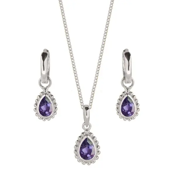 CHARLOTTE'S WEB JEWELLERY Sterling Silver Pear Amethyst Pendant Necklace And Earrings Set - Purple/silver