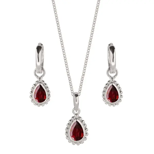 CHARLOTTE'S WEB JEWELLERY Sterling Silver Garnet Pear-shaped Necklace And Huggie Hoop Earrings Set - Silver/red