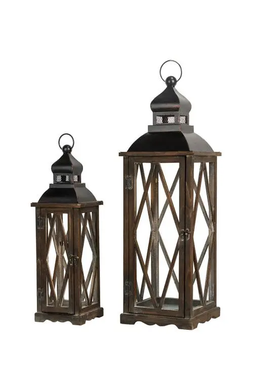 GLITZHOME Set Of 2 Oversize Farmhouse Hanging Candle Holders Decorative Floor Lanterns - Black
