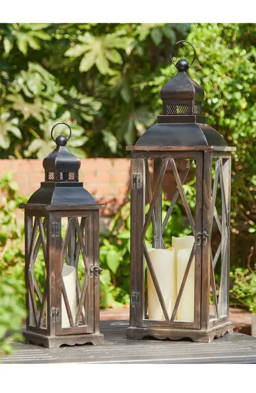 GLITZHOME Set Of 2 Oversize Farmhouse Hanging Candle Holders Decorative Floor Lanterns