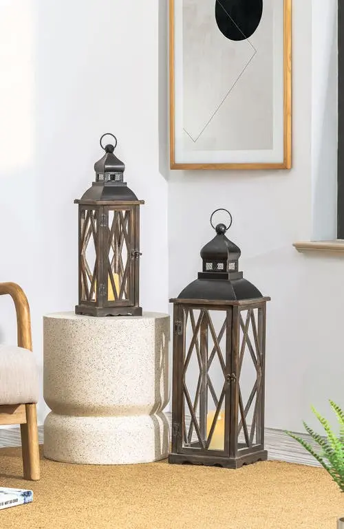 GLITZHOME Set Of 2 Oversize Farmhouse Hanging Candle Holders Decorative Floor Lanterns