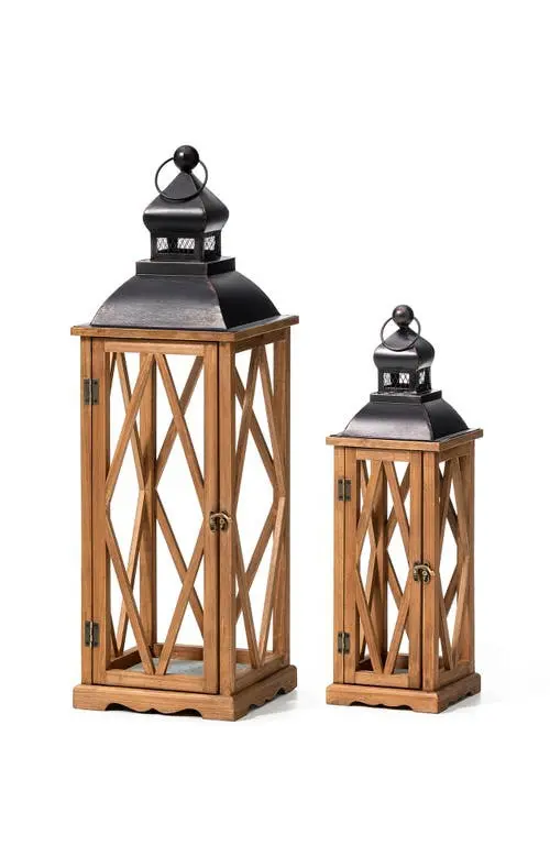 GLITZHOME Set Of 2 Oversize Farmhouse Hanging Candle Holders Decorative Floor Lanterns - Brown