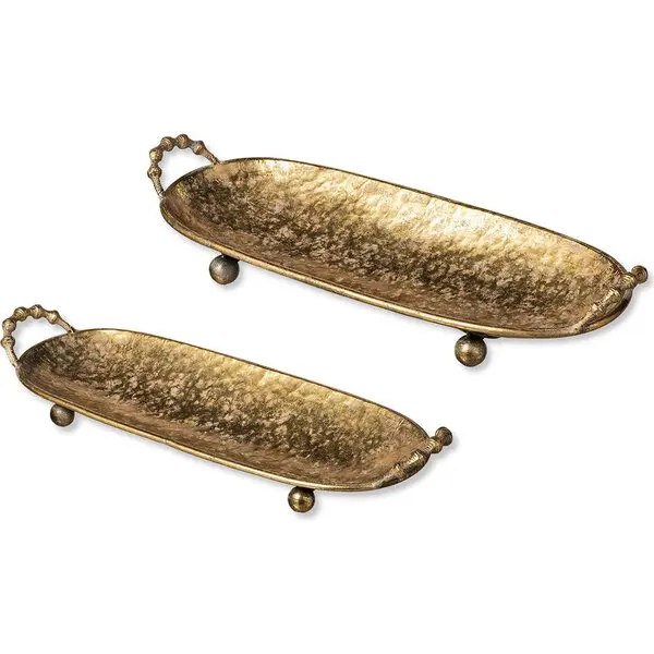 GLITZHOME Set Of 2 Oval Metal Decorative Tray With Handles - Gold