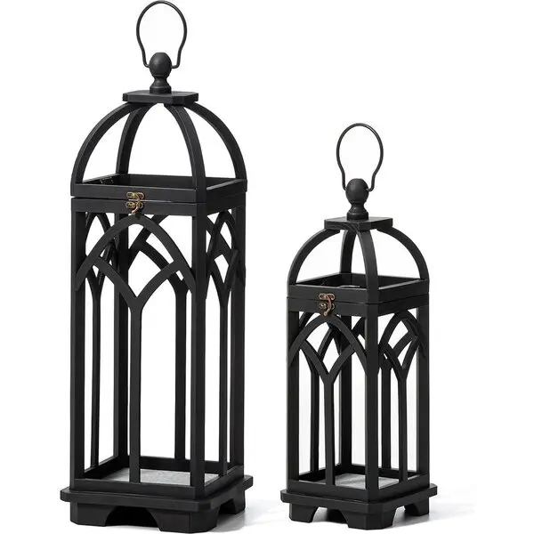 GLITZHOME Set Of 2 Wooden Church Style Decorative Lanterns Candle Holders - Black