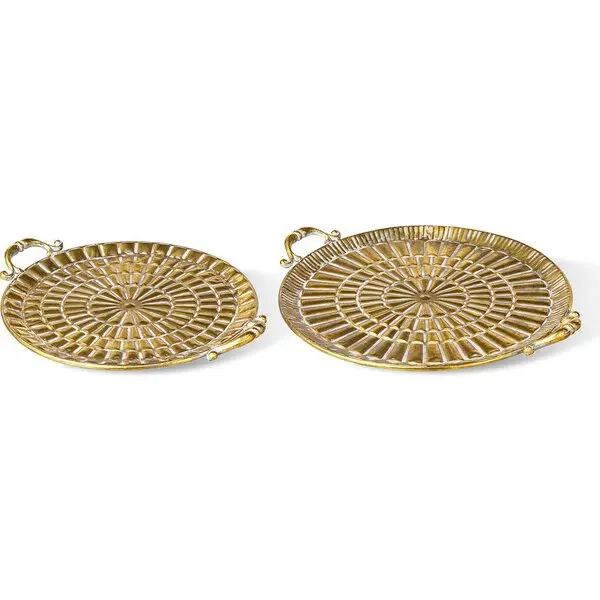 GLITZHOME Set Of 2 Round Metal Embossed Decorative Tray With Handles - Gold