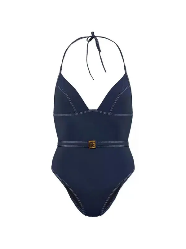 Balmain Belted Contrast-stitch Swimsuit - Blue