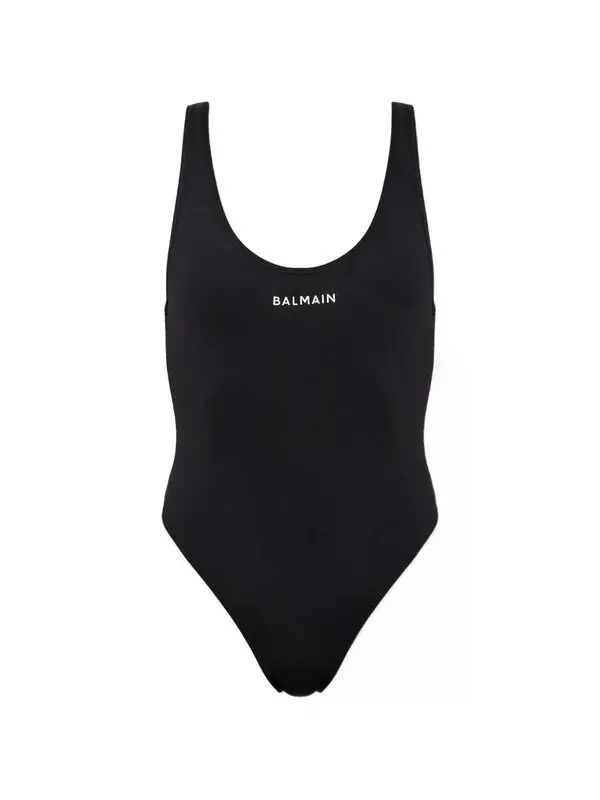 Balmain Logo Print Scoop Neck Swimsuit - Black