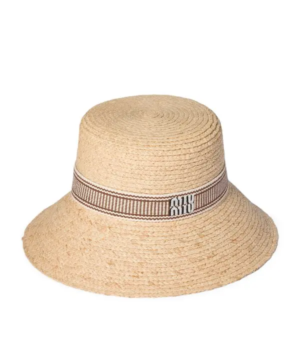 Miu Miu Raffia Sun Hat With Logo Ribbon - Neutral