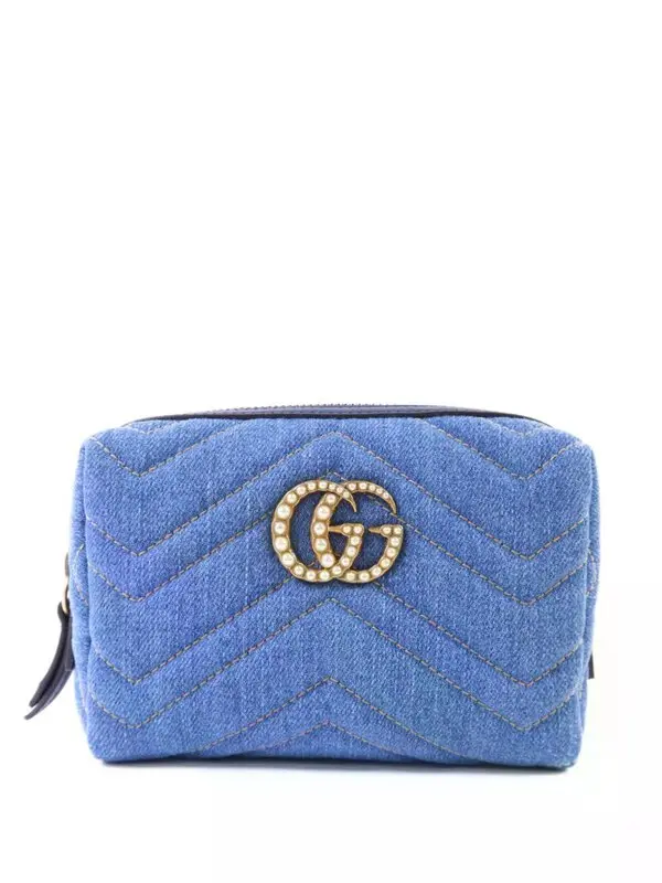 Gucci Gg Marmont Denim Washbag With Pearl Embellishments