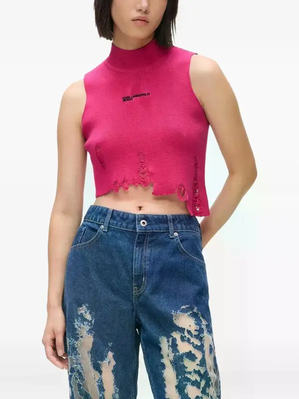 Karl Lagerfeld Distressed Mock Neck Top