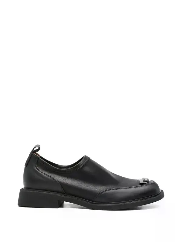 LINDA BAUMANN Logo Plaque Square Toe Loafers