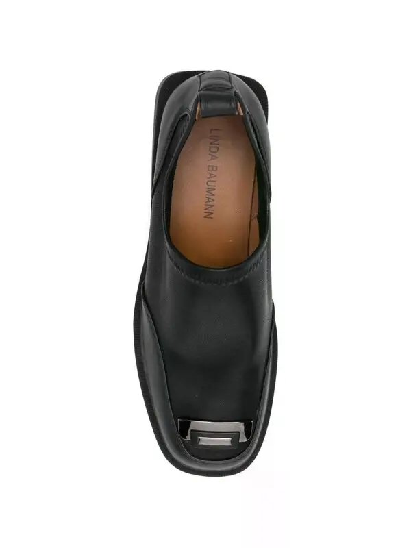 LINDA BAUMANN Logo Plaque Square Toe Loafers