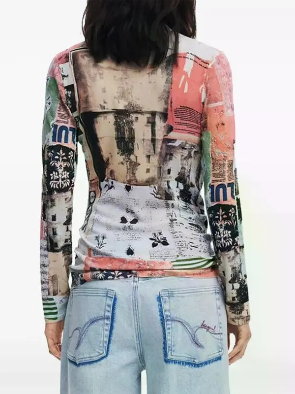 Desigual Patchwork Print Mock Neck Long Sleeve Top