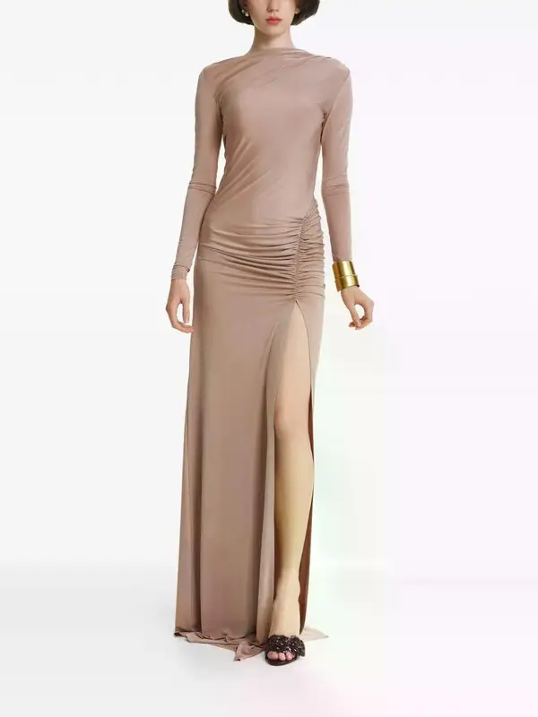 2310 STUDIO Ruched Detail Backless Maxi Dress - Neutrals