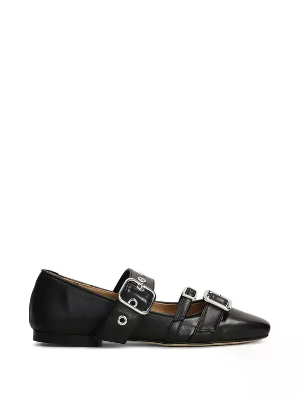 ANNA F. Leather Ballet Flats With Eyelet Embellishment And Buckle Straps - Black