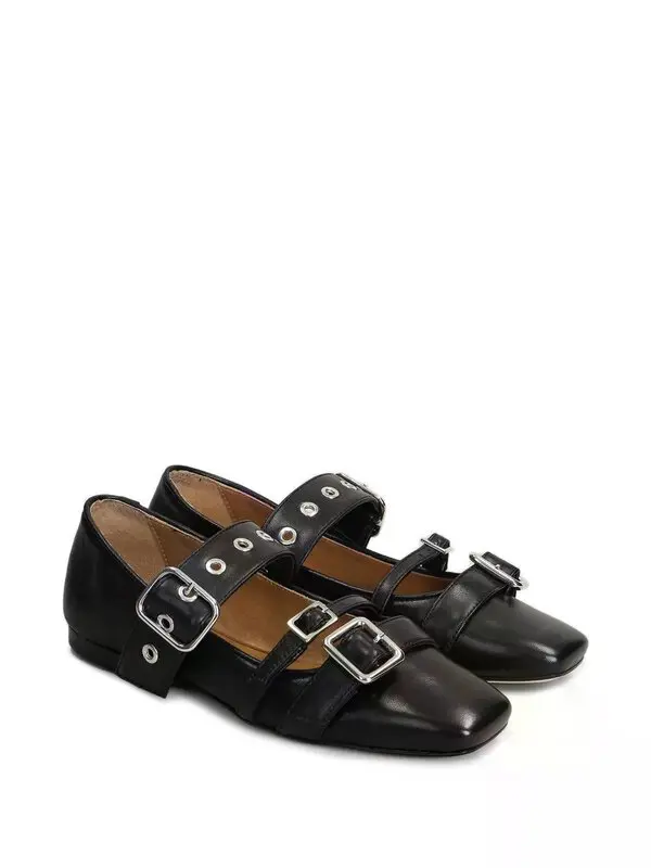 ANNA F. Leather Ballet Flats With Eyelet Embellishment And Buckle Straps - Black