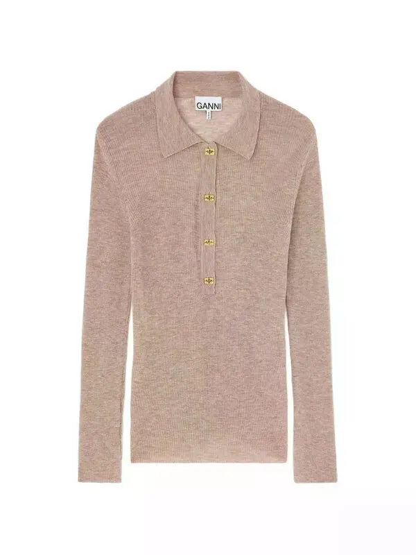 GANNI Ribbed Knit Long-sleeved Polo Top - Neutrals