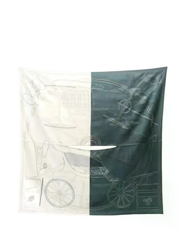 Hermès Embellished Silk Scarf With Projet De Voiture Petit-duc Bateau Print - Blue
