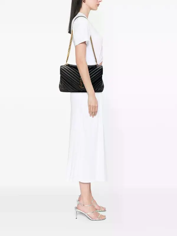 Saint Laurent Large Chevron Sheepskin Monogram College Satchel - Black