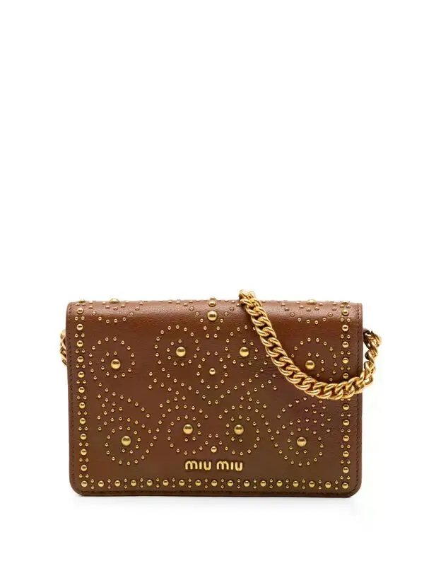 Miu Miu Studded Goatskin Madras Lux Wallet On Chain Crossbody Bag - Brown