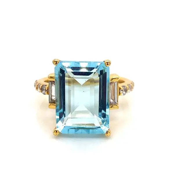 GEM BAZAAR JEWELLERY Emerald Cut Topaz And Diamond Accent Ring - Blue/white/gold