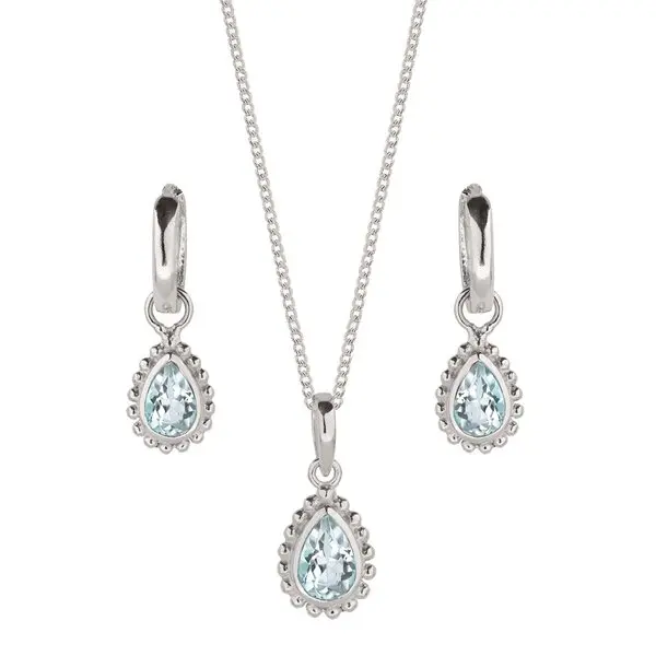 CHARLOTTE'S WEB JEWELLERY Sterling Silver Pear-cut Aquamarine Necklace And Huggie Hoop Earring Set - Blue/silver