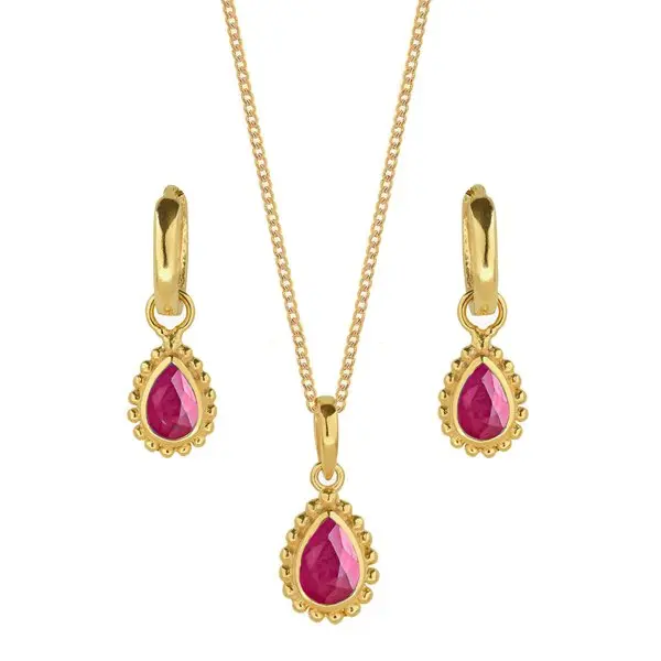 CHARLOTTE'S WEB JEWELLERY Gold Ruby Pendant Necklace And Huggie Earrings Set - Gold/red