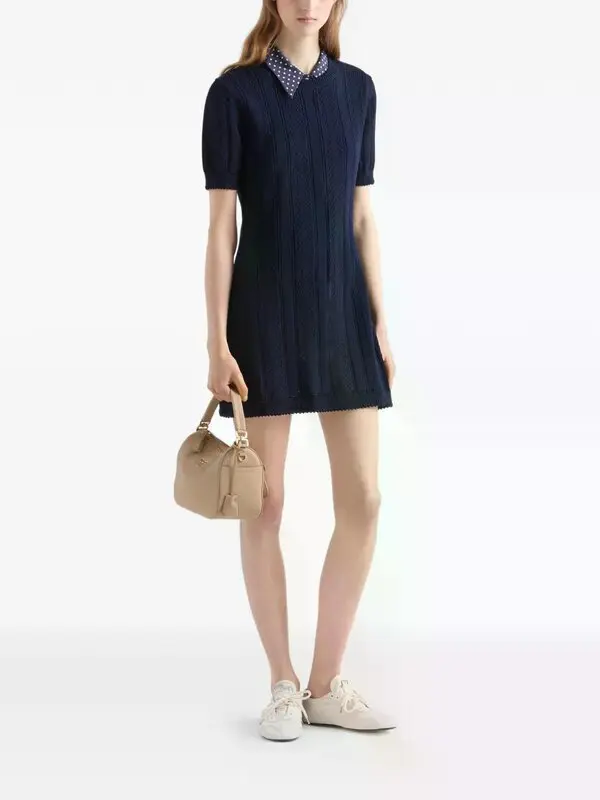 Prada Openwork Cotton Mini Dress With Triangle Logo - Blue