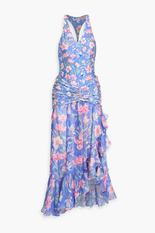 PatBO Amaryllis Floral-print Stretch-jersey And Crepon Midi Dress - Blue