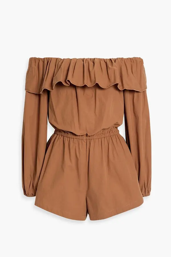 Ronny Kobo Off-the-shoulder Ruffled Cotton Poplin Playsuit - Light Brown