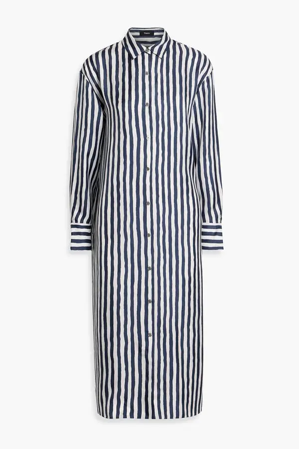 Theory Striped Silk-twill Midi Shirt Dress - Navy