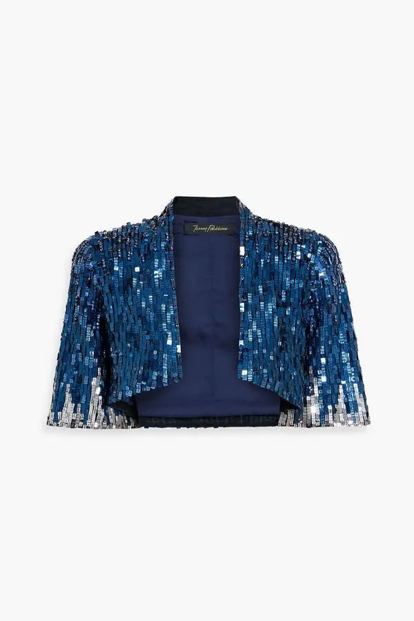 Jenny Packham Cristobel Cropped Embellished Tulle Jacket - Blue
