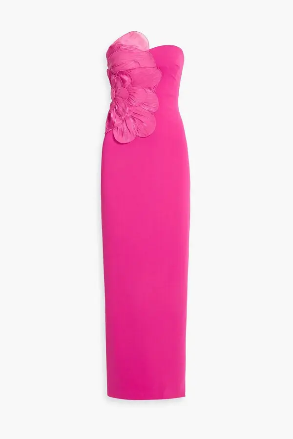 Badgley Mischka Strapless Floral Appliqué Gown - Fuchsia