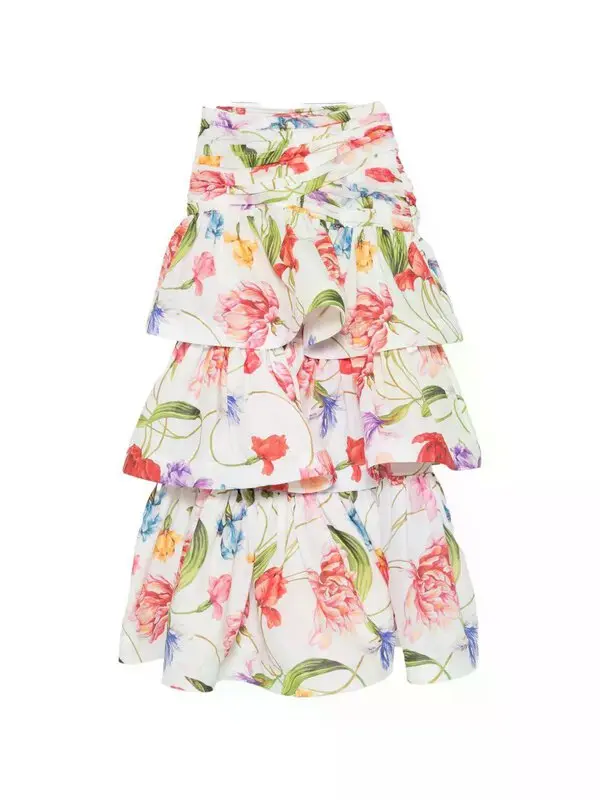 LAVI COUTURE Floral Print Tiered Skirt - White