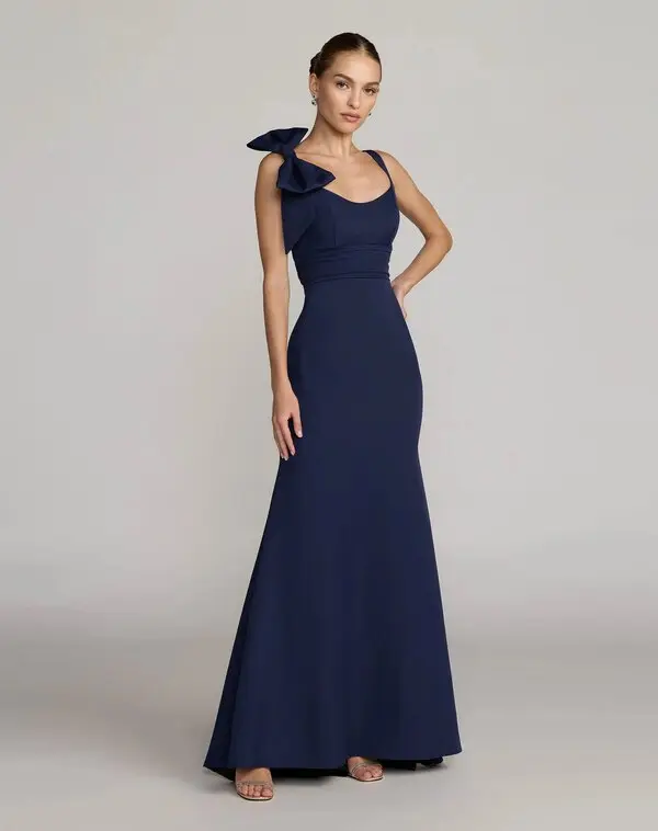 Mac Duggal Scoop Neck Bow Gown - Navy