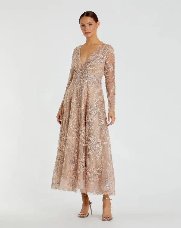 Mac Duggal Embroidered Long Sleeve V-neck Midi Dress - Neutral