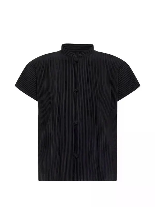 Issey Miyake Pleated Mandarin-collar Short-sleeve Top - Black