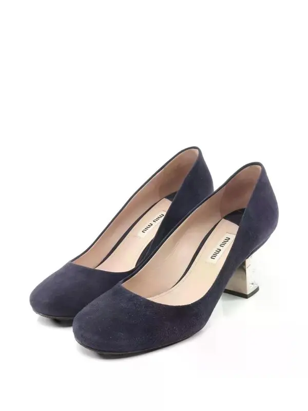 Miu Miu Navy Suede Jewel-embellished Block Heel Pumps