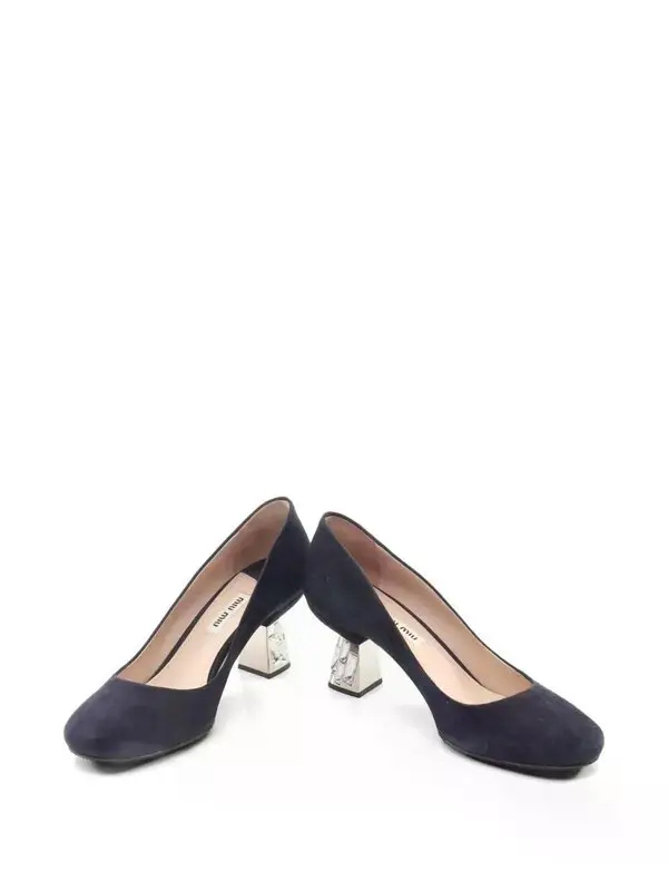 Miu Miu Navy Suede Jewel-embellished Block Heel Pumps