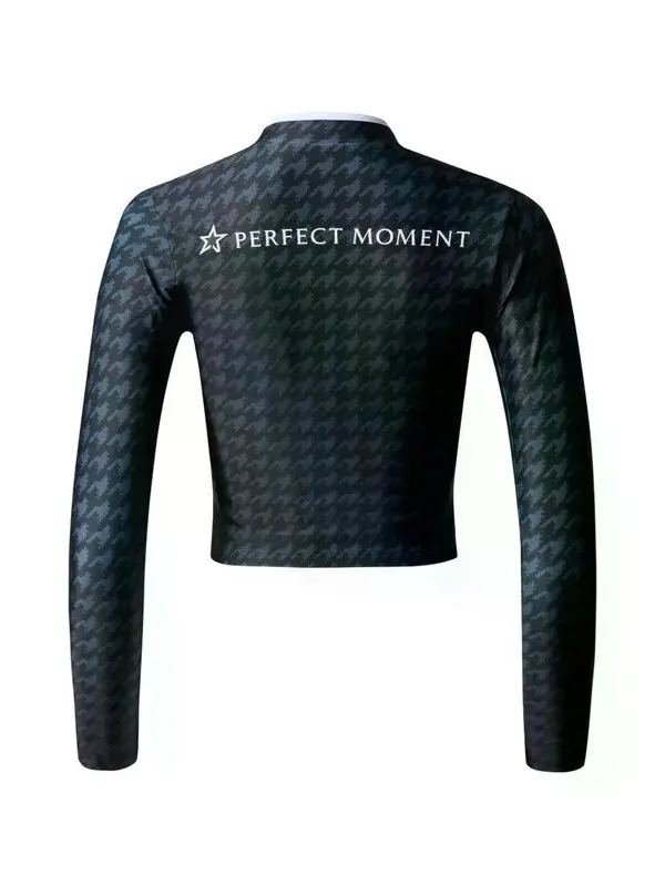 Perfect Moment Houndstooth Print Zip Front Long Sleeve Cropped Rashguard - Black