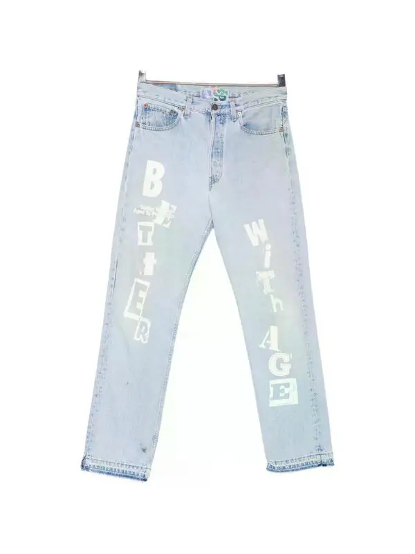 BETTER WITH AGE Logo Print Raw Edge Hem Jeans - Blue