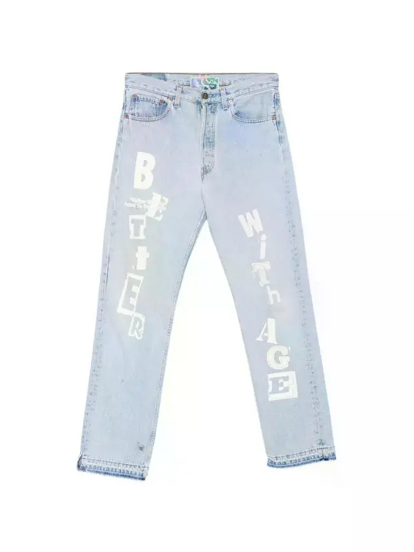 BETTER WITH AGE Logo Print Raw Edge Hem Jeans