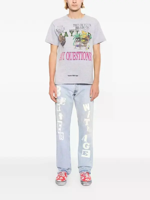 BETTER WITH AGE Logo Print Raw Edge Hem Jeans