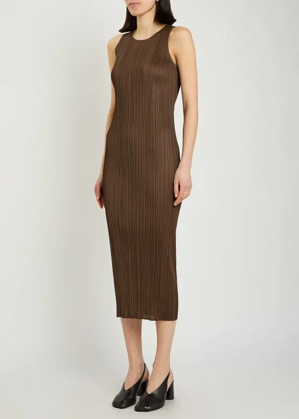 Issey Miyake Pleated Midi Dress - Brown