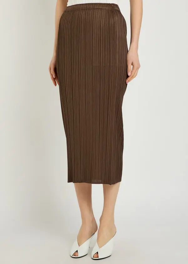 Issey Miyake Pleated Midi Skirt With Elasticated Waistband - Brown