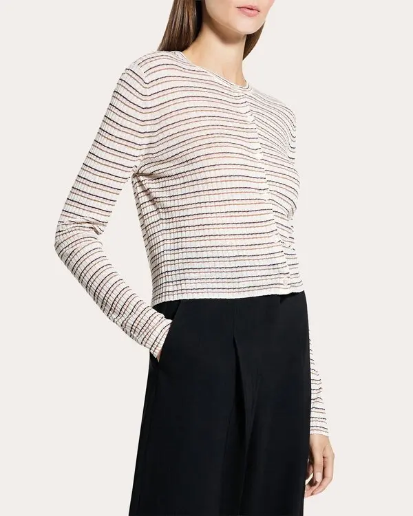 Theory Striped Linen Knit Cropped Cardigan - Neutral