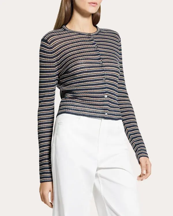 Theory Stripe Linen Knit Cropped Cardigan - Multicolor