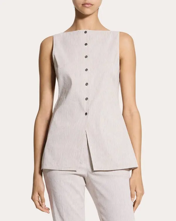 Theory Textured Linen Boatneck Cutaway Vest Top - Neutral